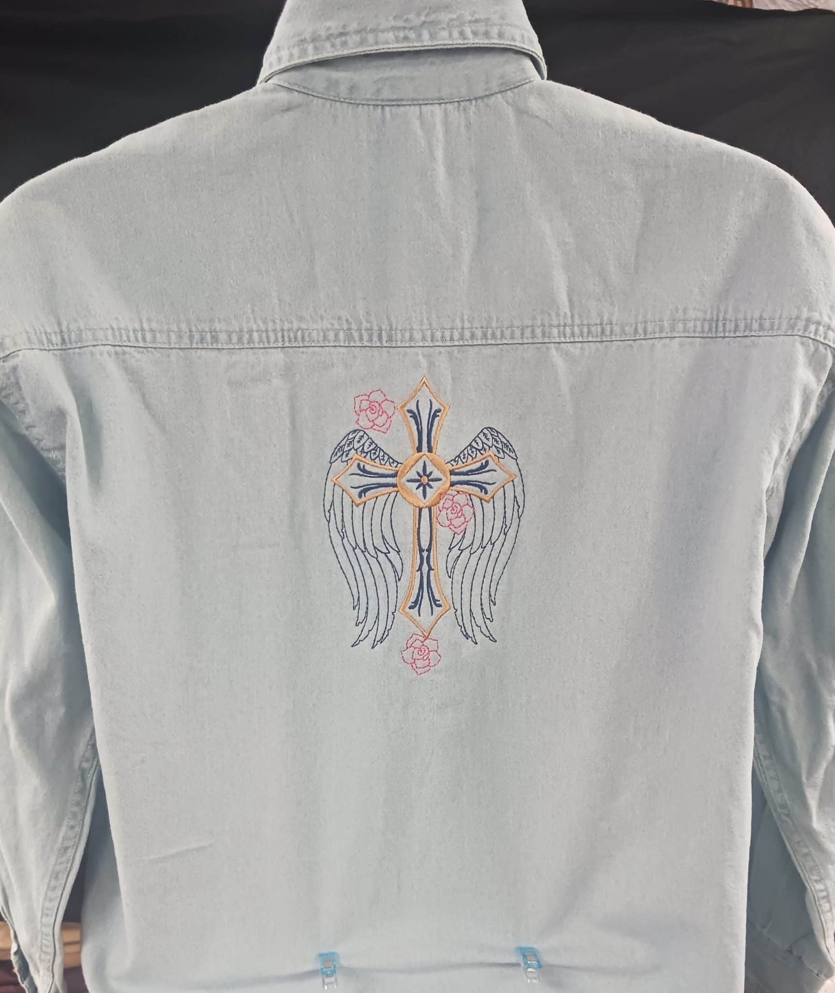 Cross with Wings on Women's Denim Long Sleeve Shirts - Hanging By A Thread